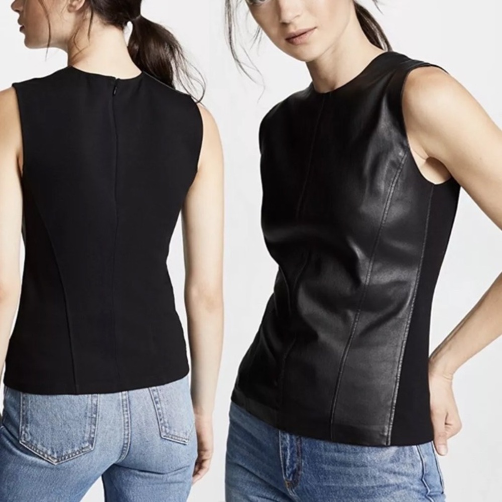 Theory Leather Black Modern Seamed Shell Sleeveless T… - Gem